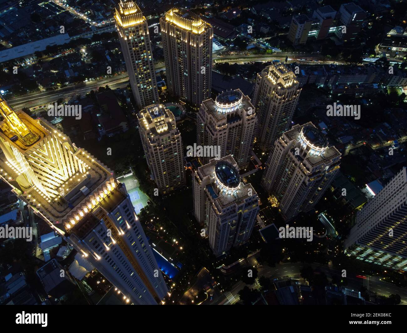 Pakubuwono skyline aerial drone view from above at night, Jakarta ...