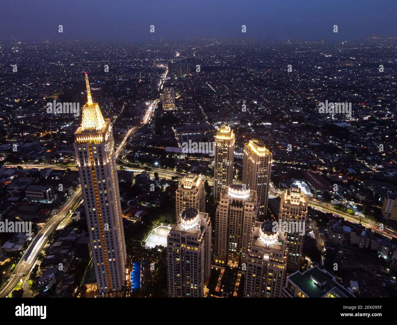 Pakubuwono skyline aerial drone view from above at night, Jakarta ...