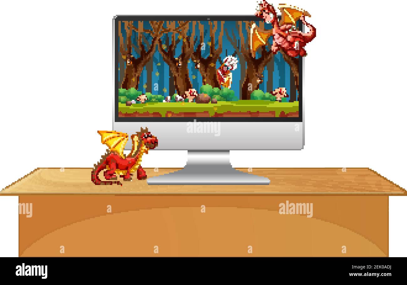 Computer monitor on the table with dragon cartoon character on screen ...