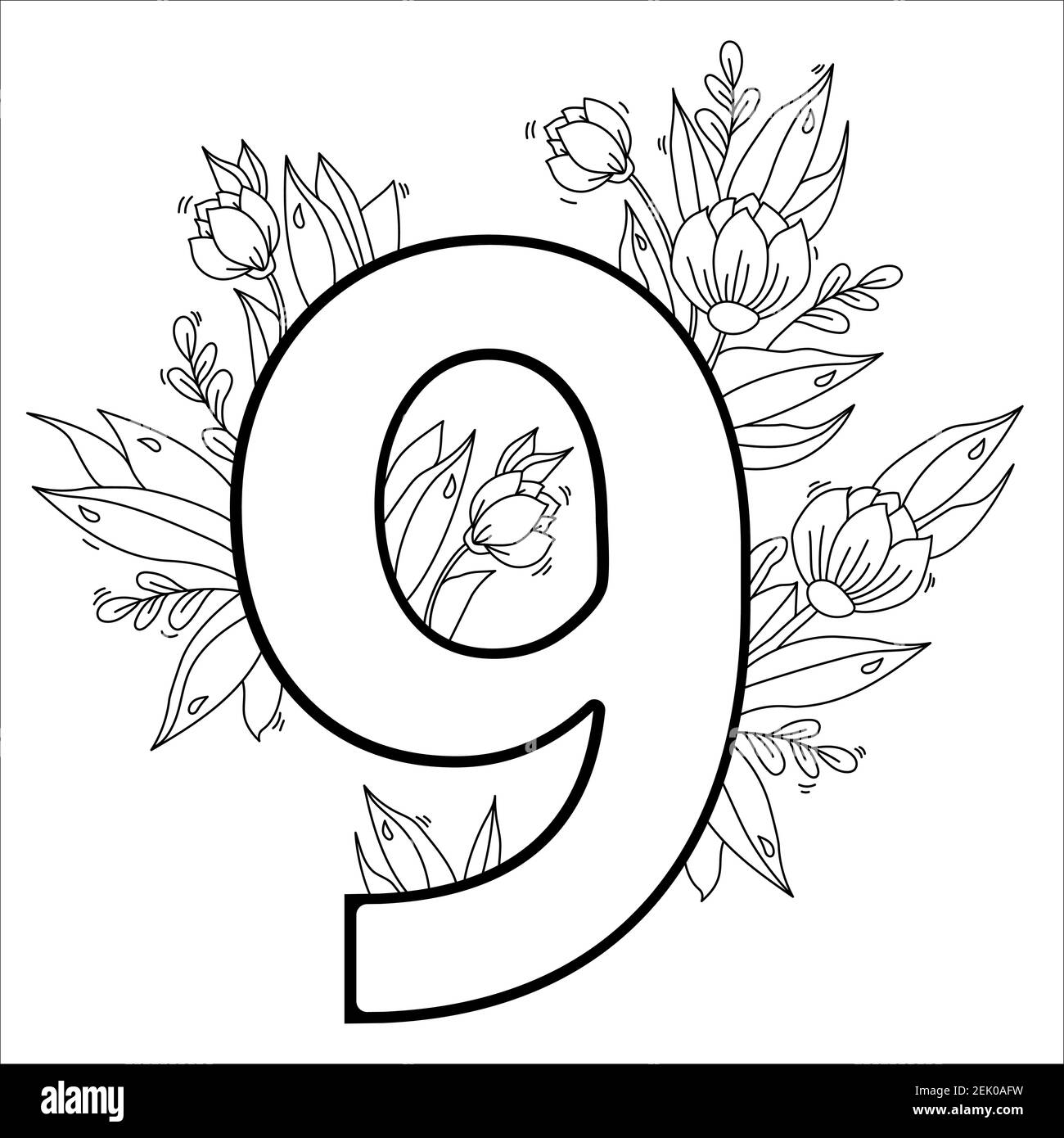 Flower number nine. Decorative pattern 9 with flowers, tulips, buds and ...