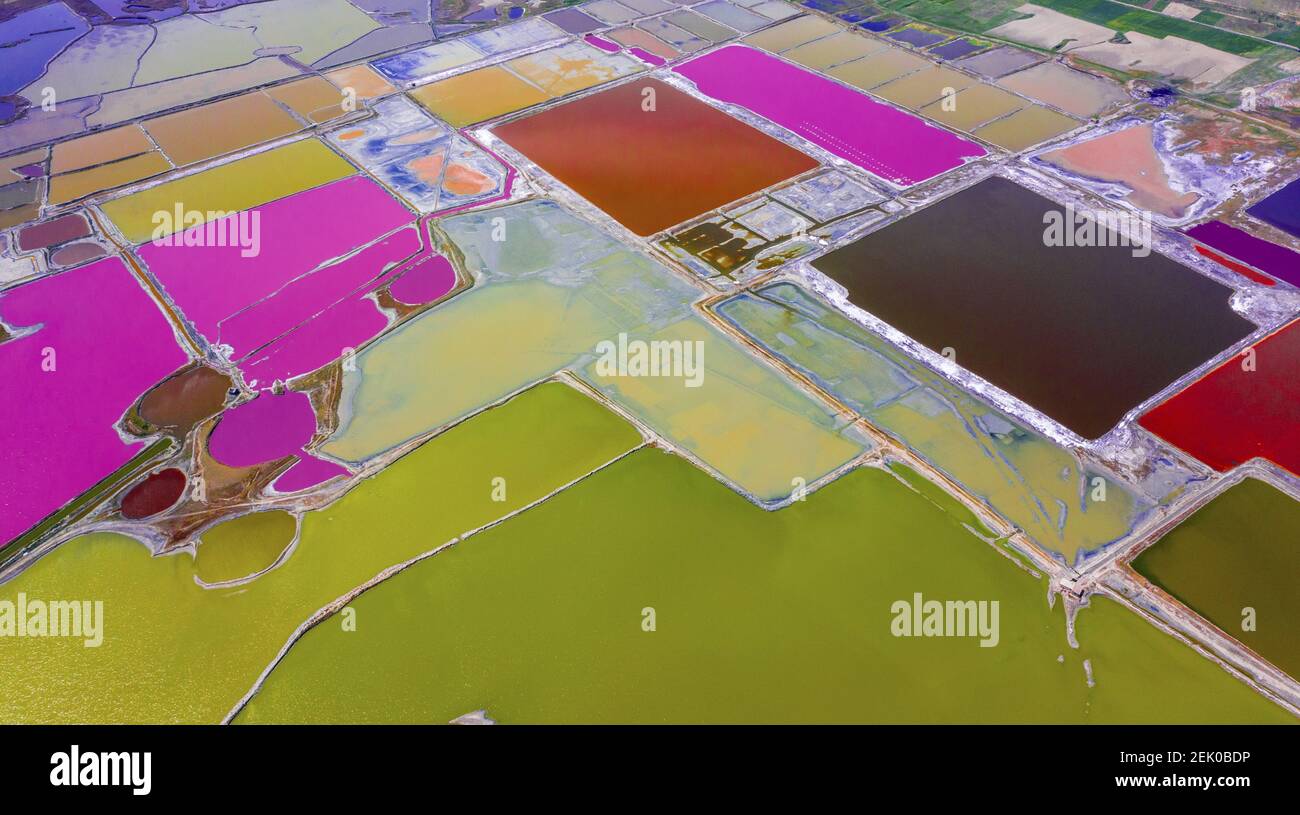 An aerial view of salt lakes which is loaded with salt-tolerant algae ...