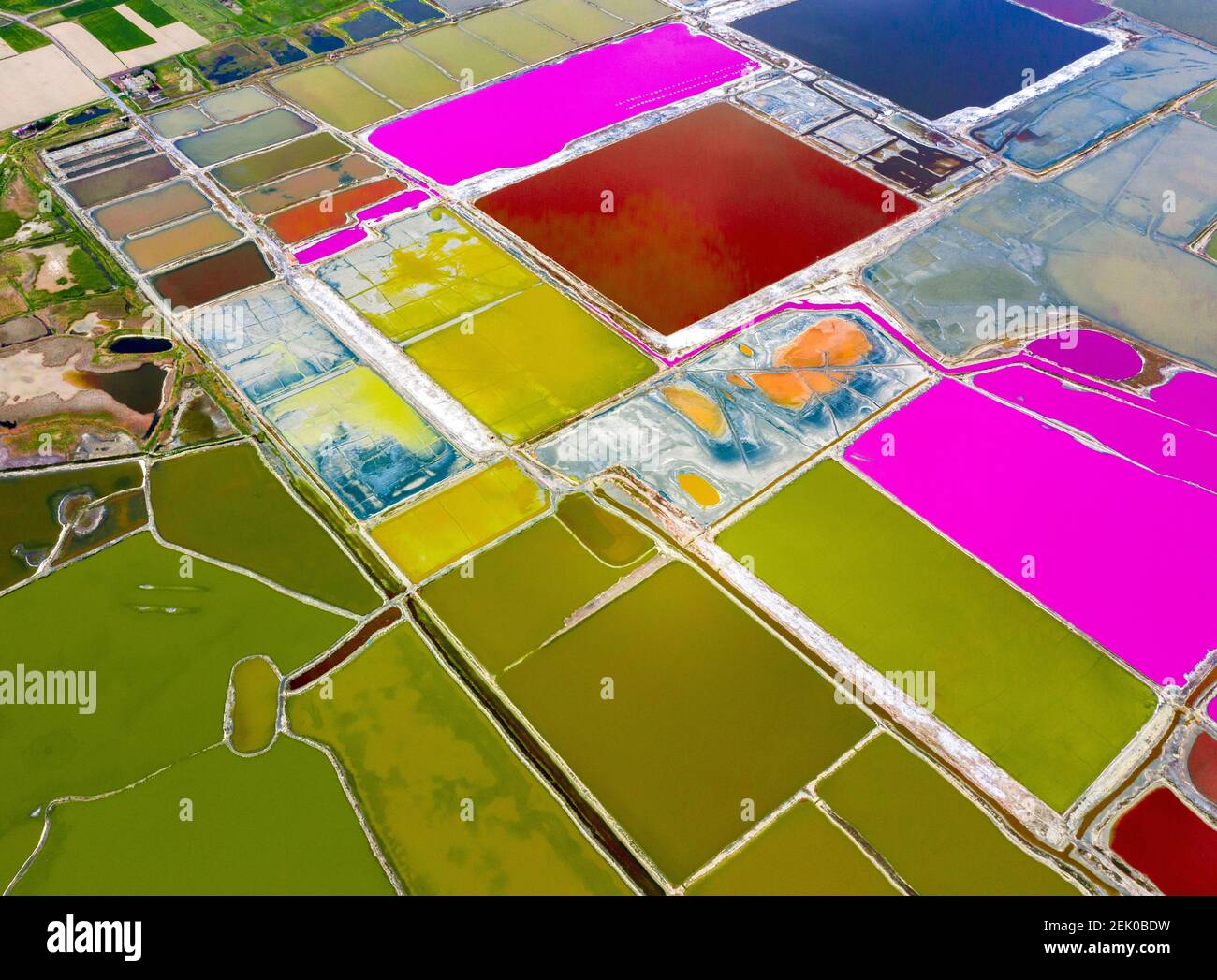 An aerial view of salt lakes which is loaded with salt-tolerant algae ...