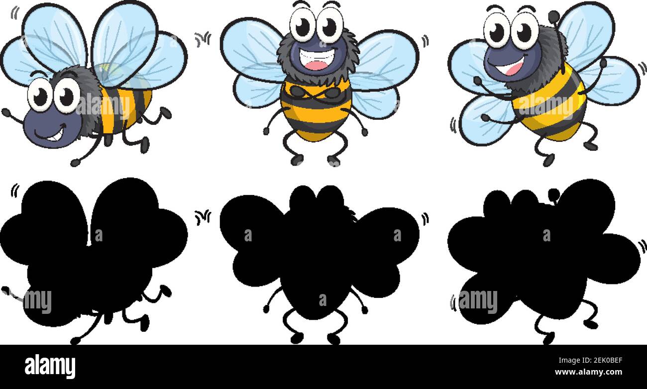 Cute bee in three positions with its silhouette on white background ...