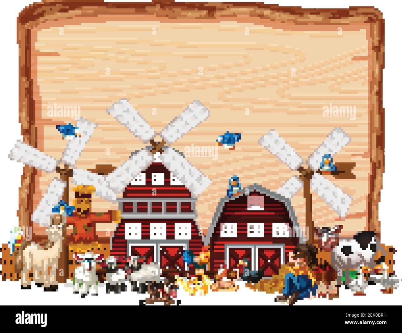Blank wooden banner with red barn and wind mill illustration Stock ...
