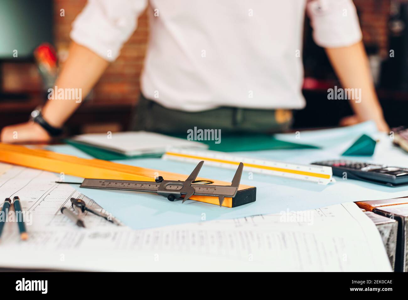 vernier caliper for working and checking drawing paper plan and house ...