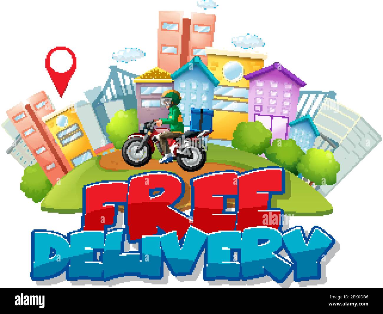Free delivery font logo with delivery man in the city illustration ...