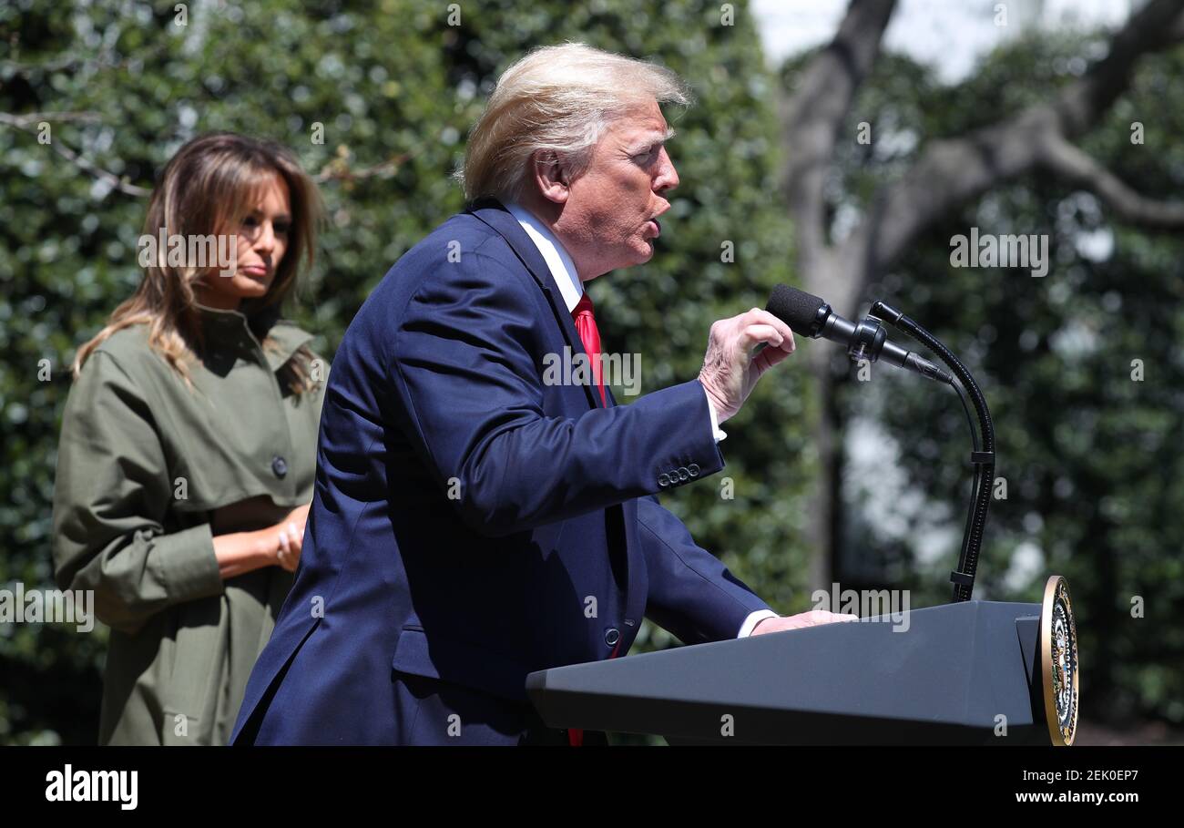 US President Donald J. Trump speaks during a ceremony to plant a tree ...