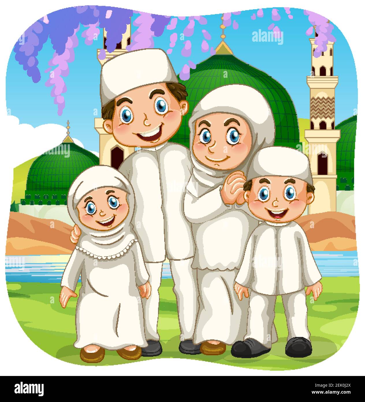 Outdoor scene with muslim family cartoon character illustration Stock ...