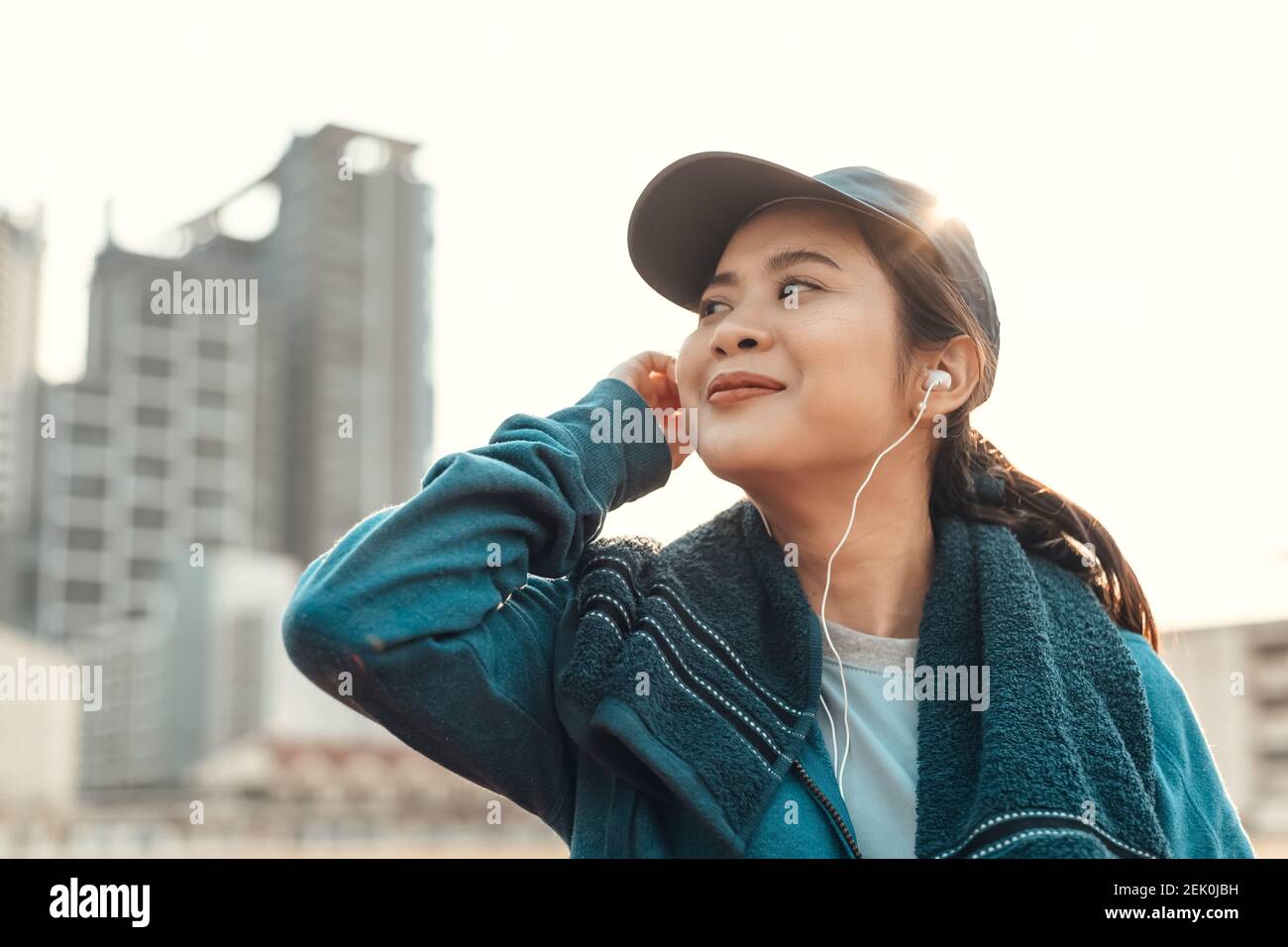 Sport health in earphone to listen music between workout at sport ...