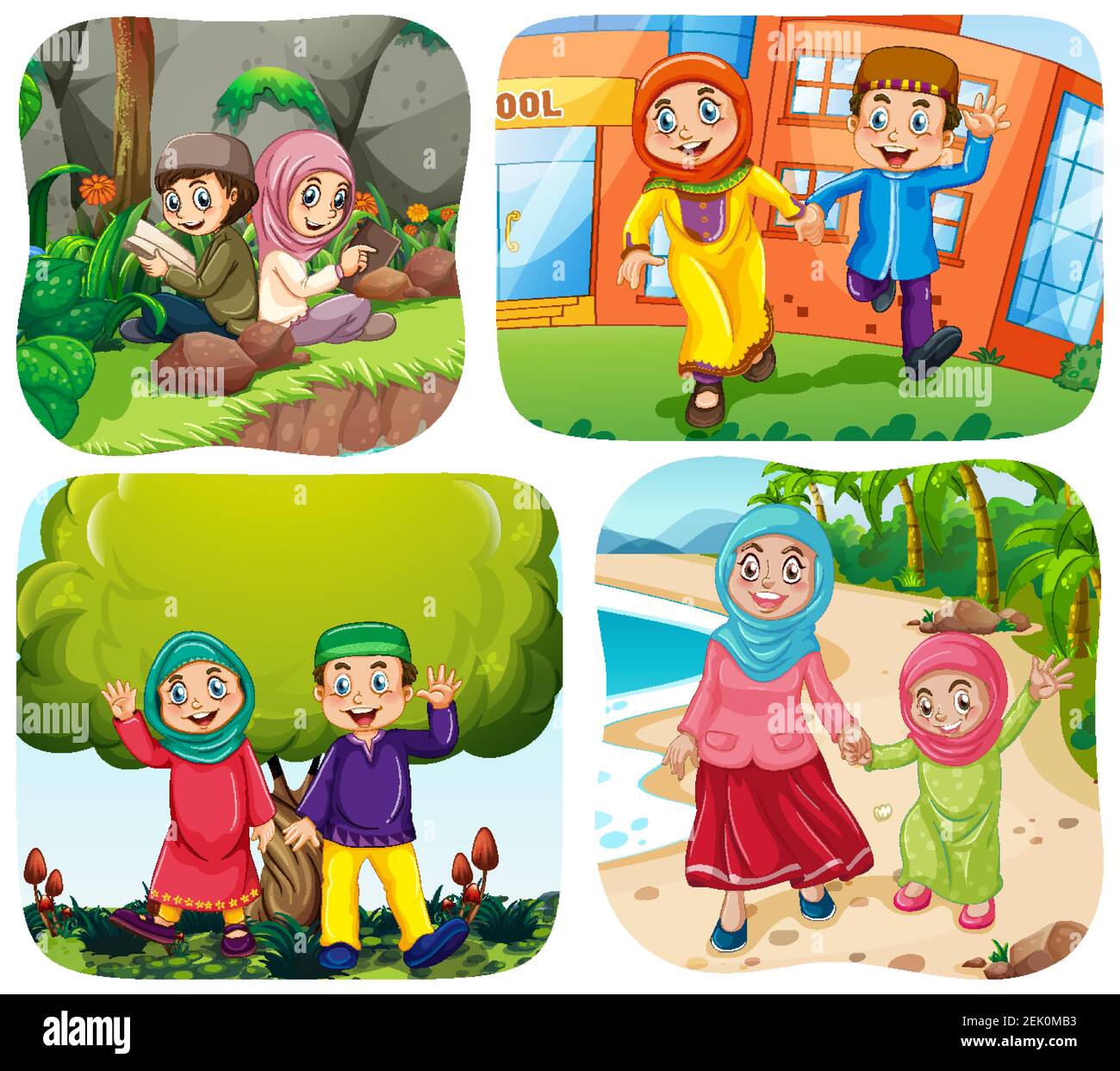 Set of muslim people cartoon character in different scene illustration ...