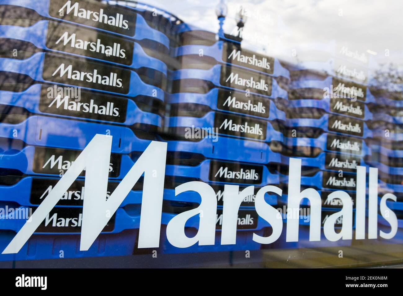 A logo sign outside of a Marshalls retail store location in Washington ...