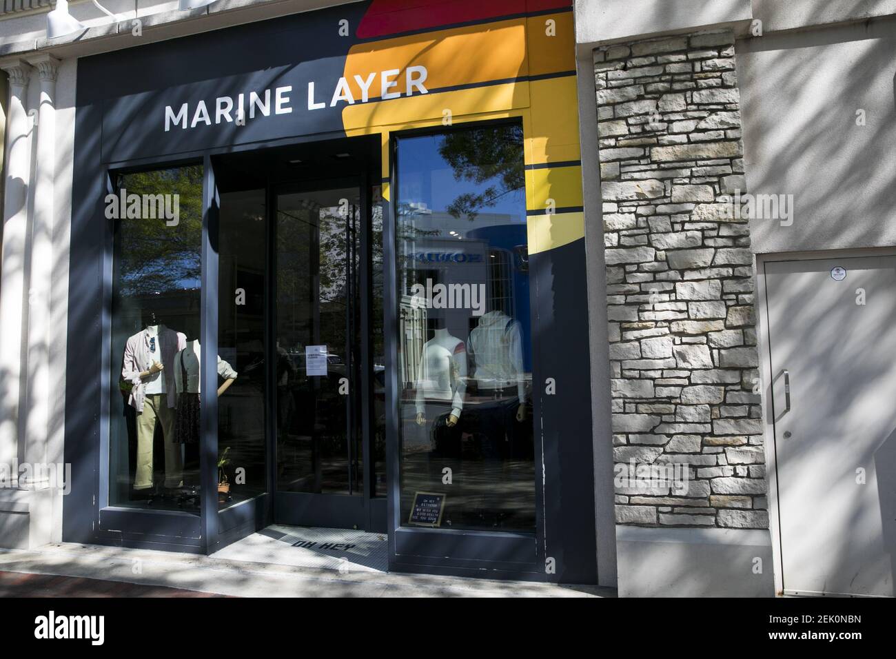 A logo sign outside of a Marine Layer retail store location in Bethesda ...