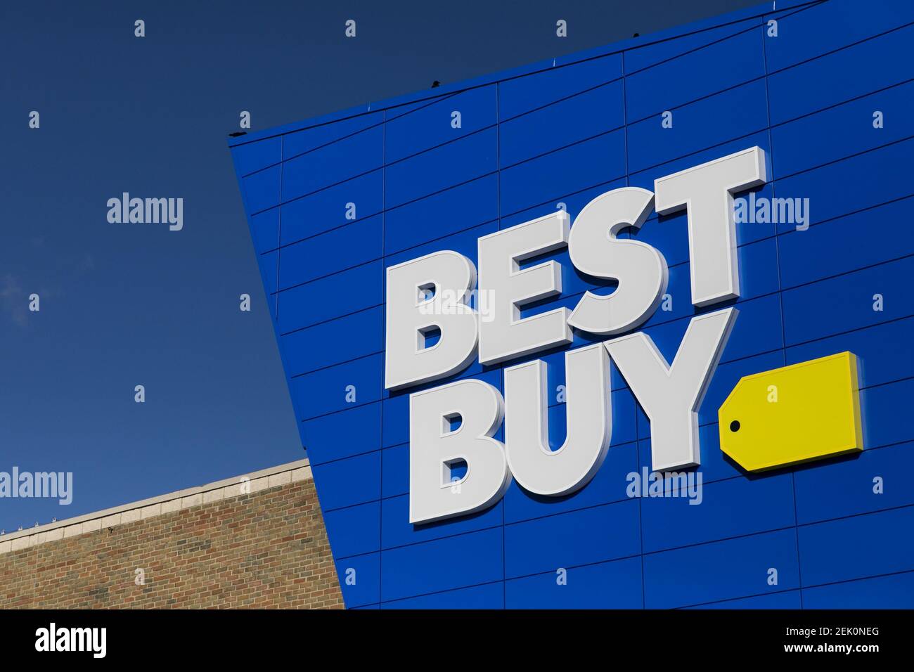 A logo sign outside of a Best Buy retail store location in Laurel ...