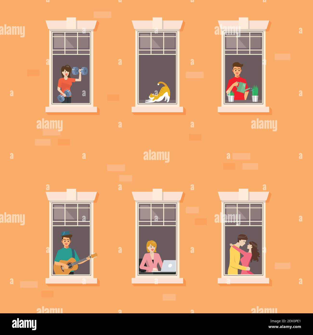 Apartment building facade with neighbor people in open windows. vector ...