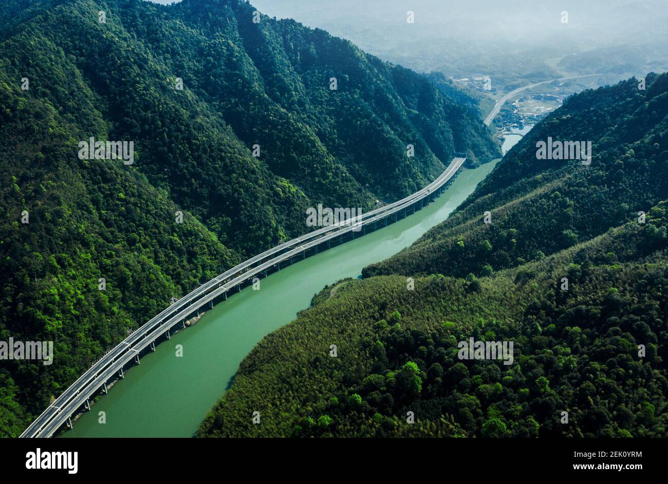 Aerial view of Meikou section of Ning Jing Yan Expressway in Guanxia ...