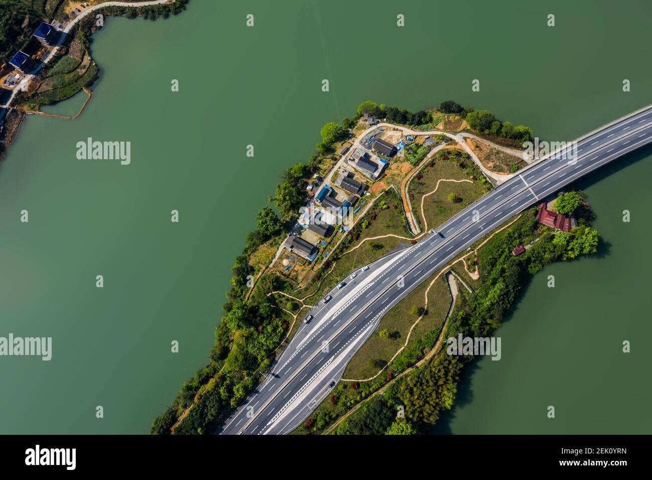 Aerial view of Meikou section of Ning Jing Yan Expressway in Guanxia ...