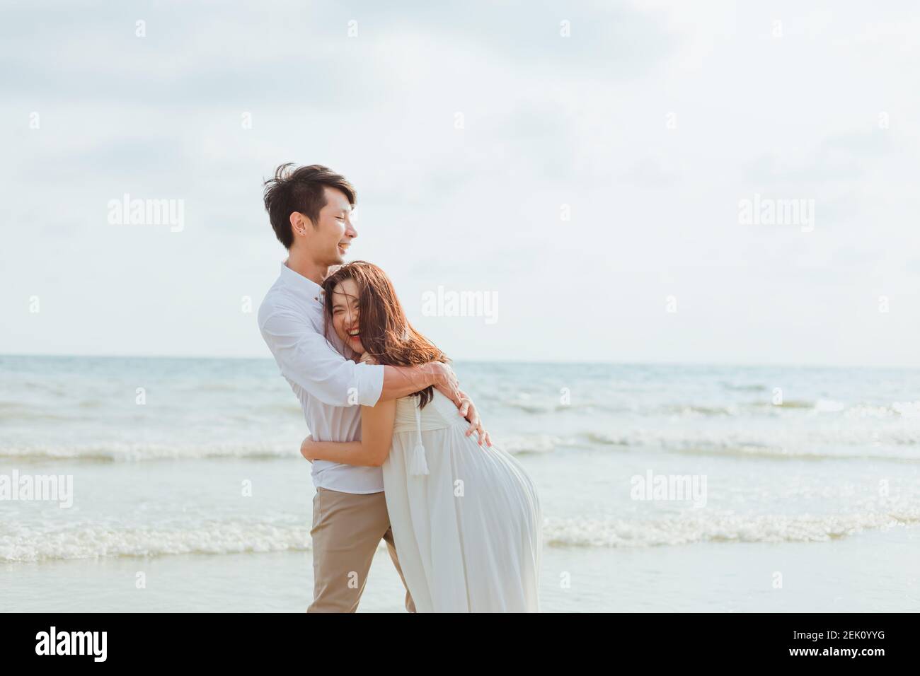 romantic time loving couple dance on the beach. Love travel concept ...