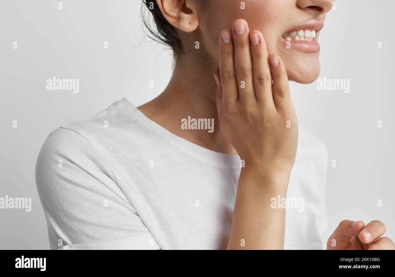 woman holding face headache and migraine health problems Stock Photo ...