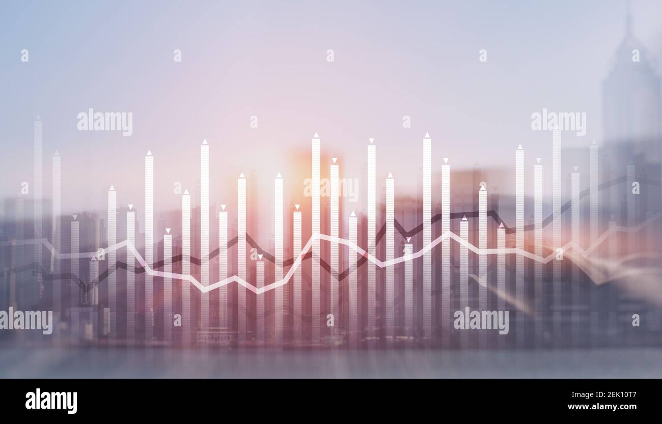 Histogram and lines economic chart on modern architecture background ...