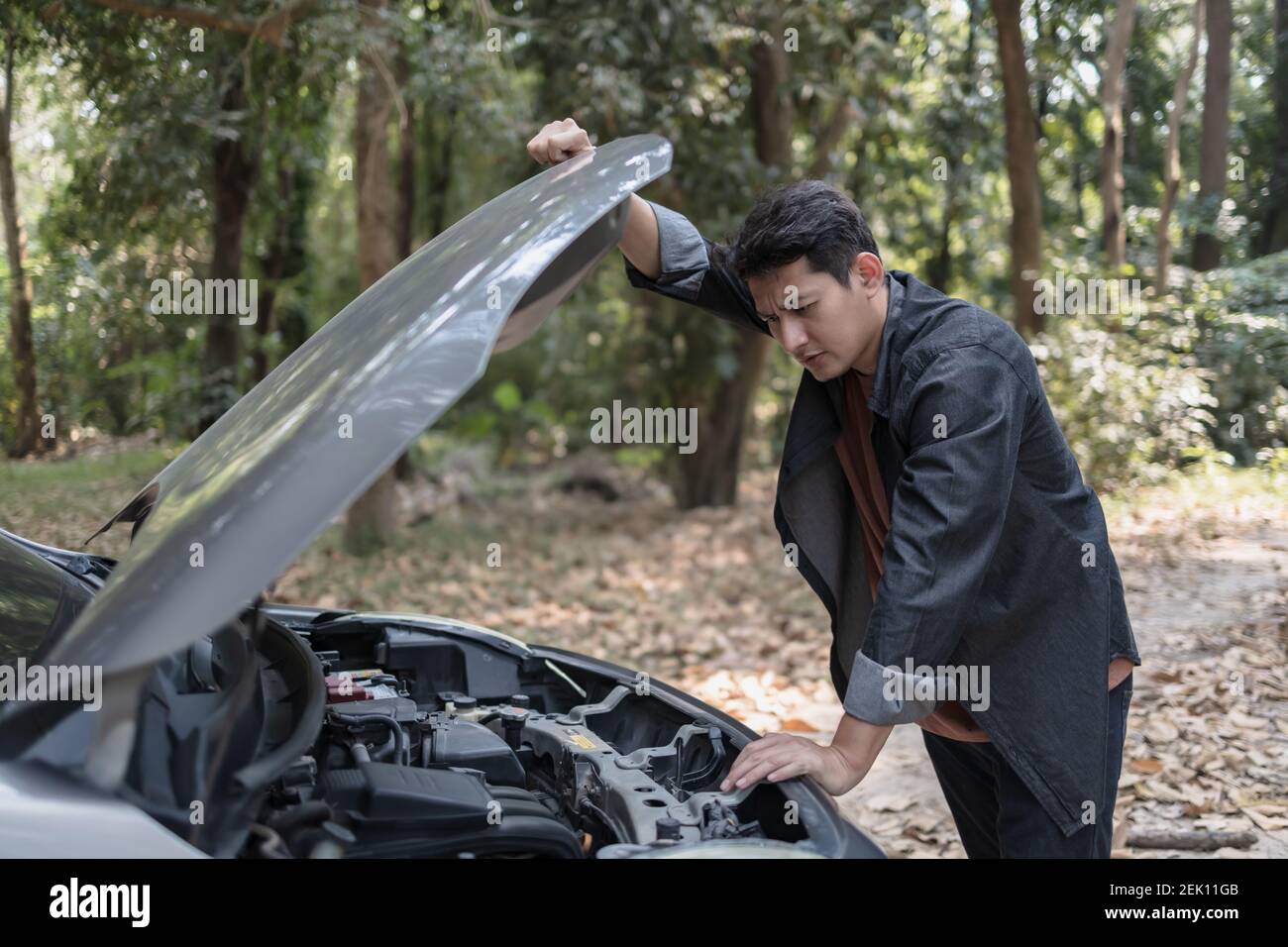 Man' hand open hood of a broken car on the road in the forest. Car ...