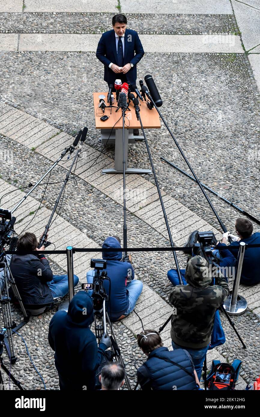 Prime Minister Giuseppe Conte speaks after his arrival in the ...