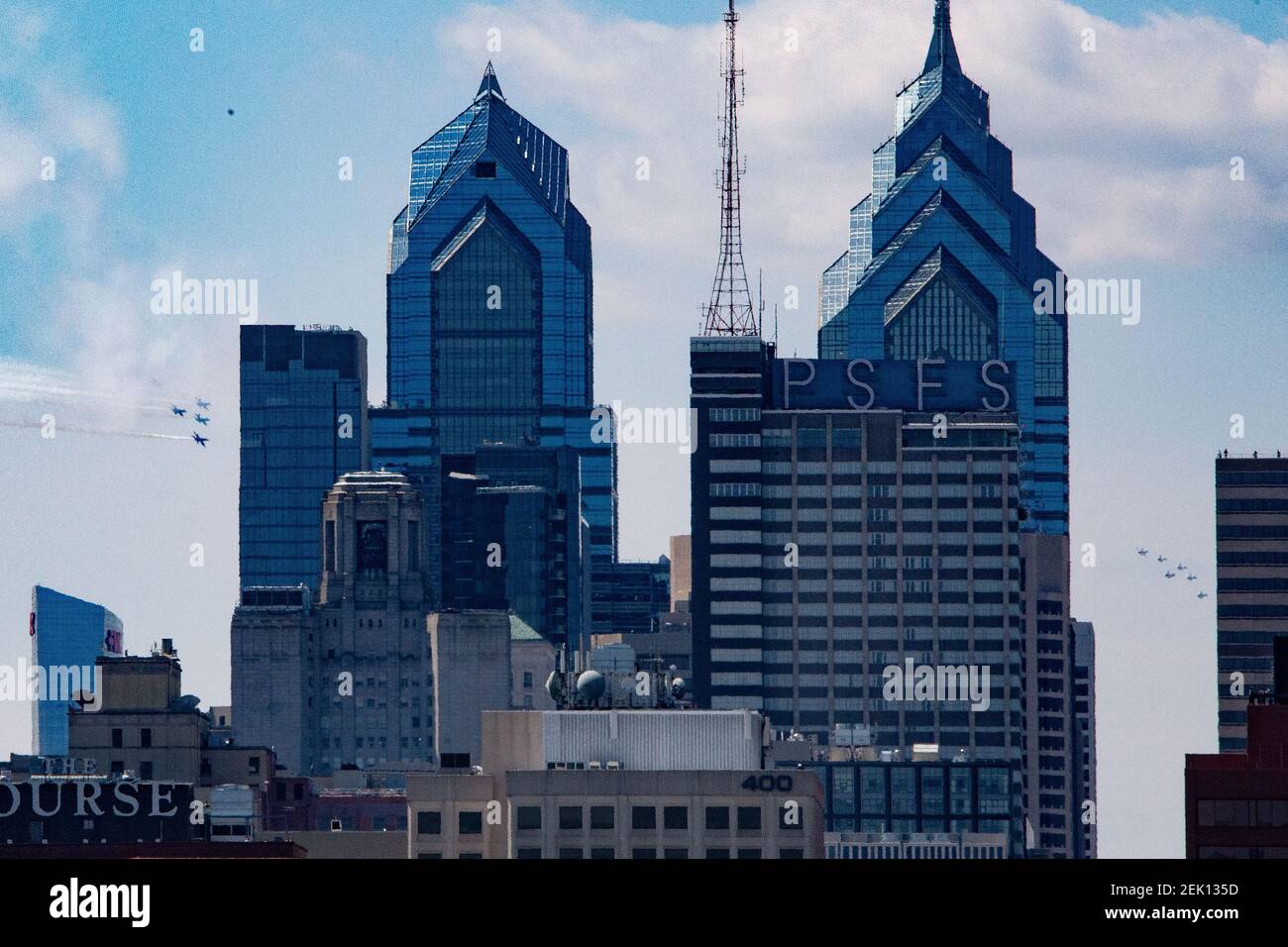 The Navy Blue Angels and Air Force Thunderbirds fly over downtown ...