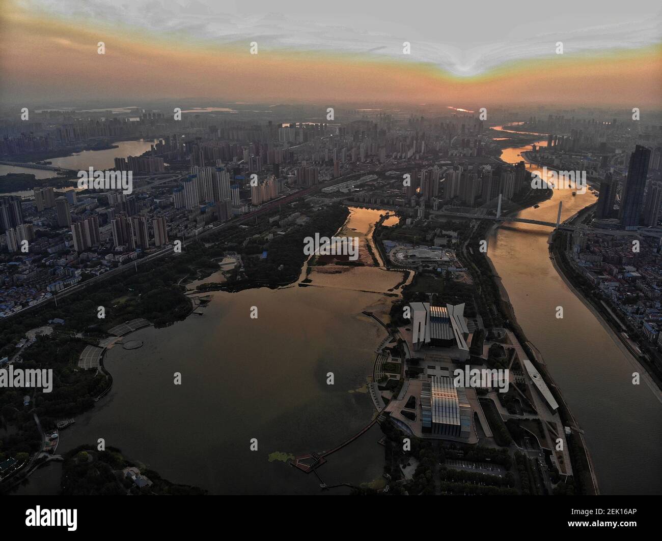 An aerial view of buildings erecting at the downtown area along the ...