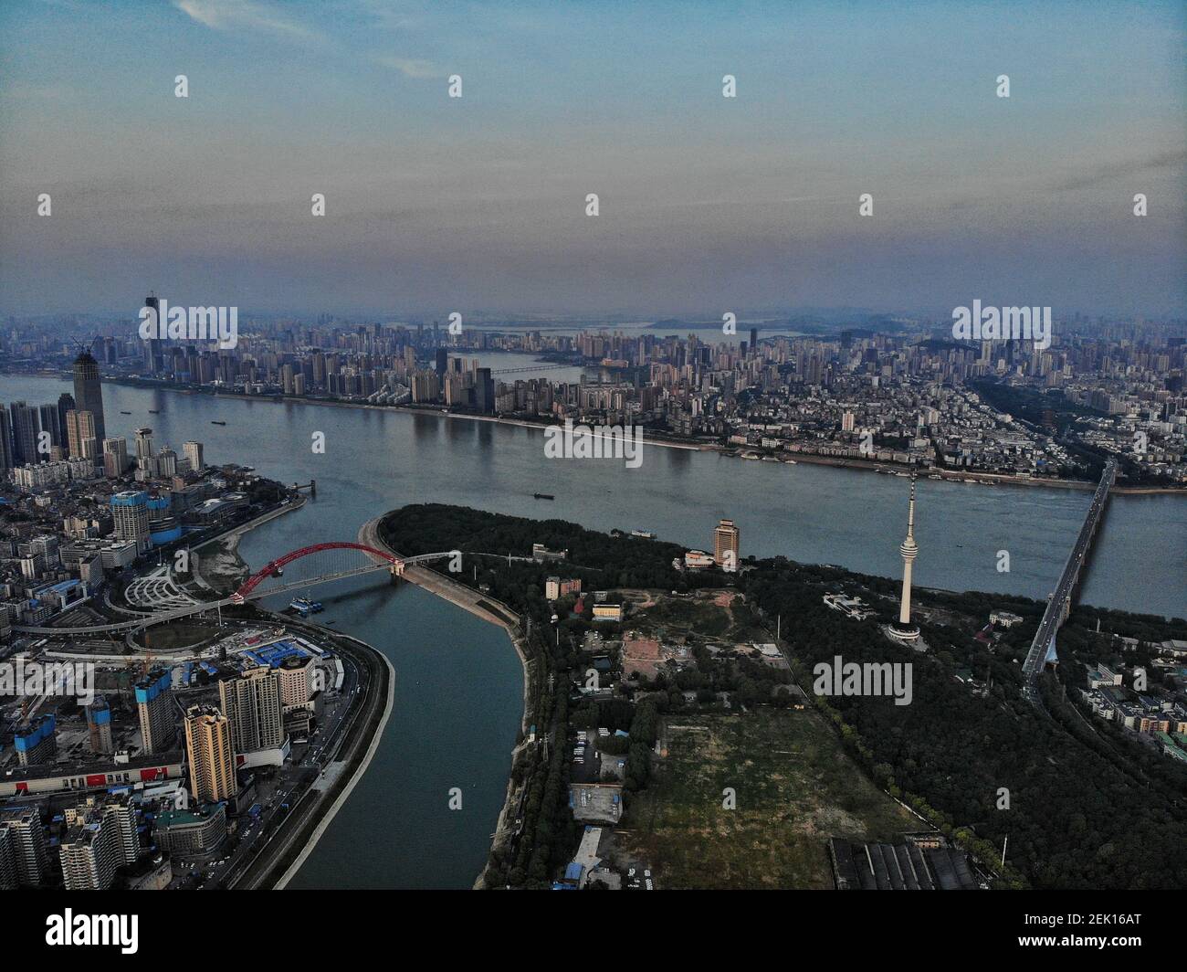 An aerial view of buildings erecting at the downtown area along the ...