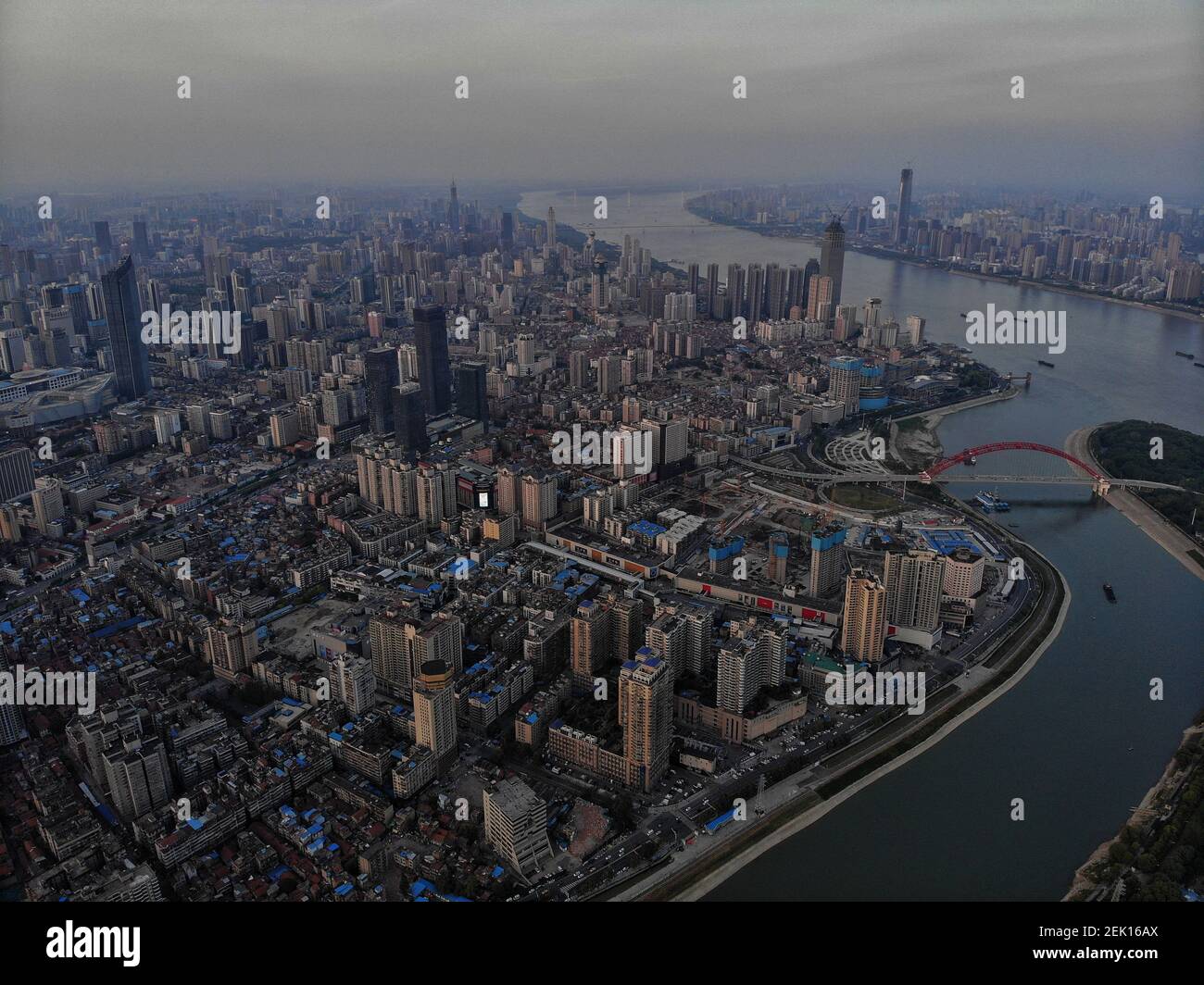 An aerial view of buildings erecting at the downtown area along the ...