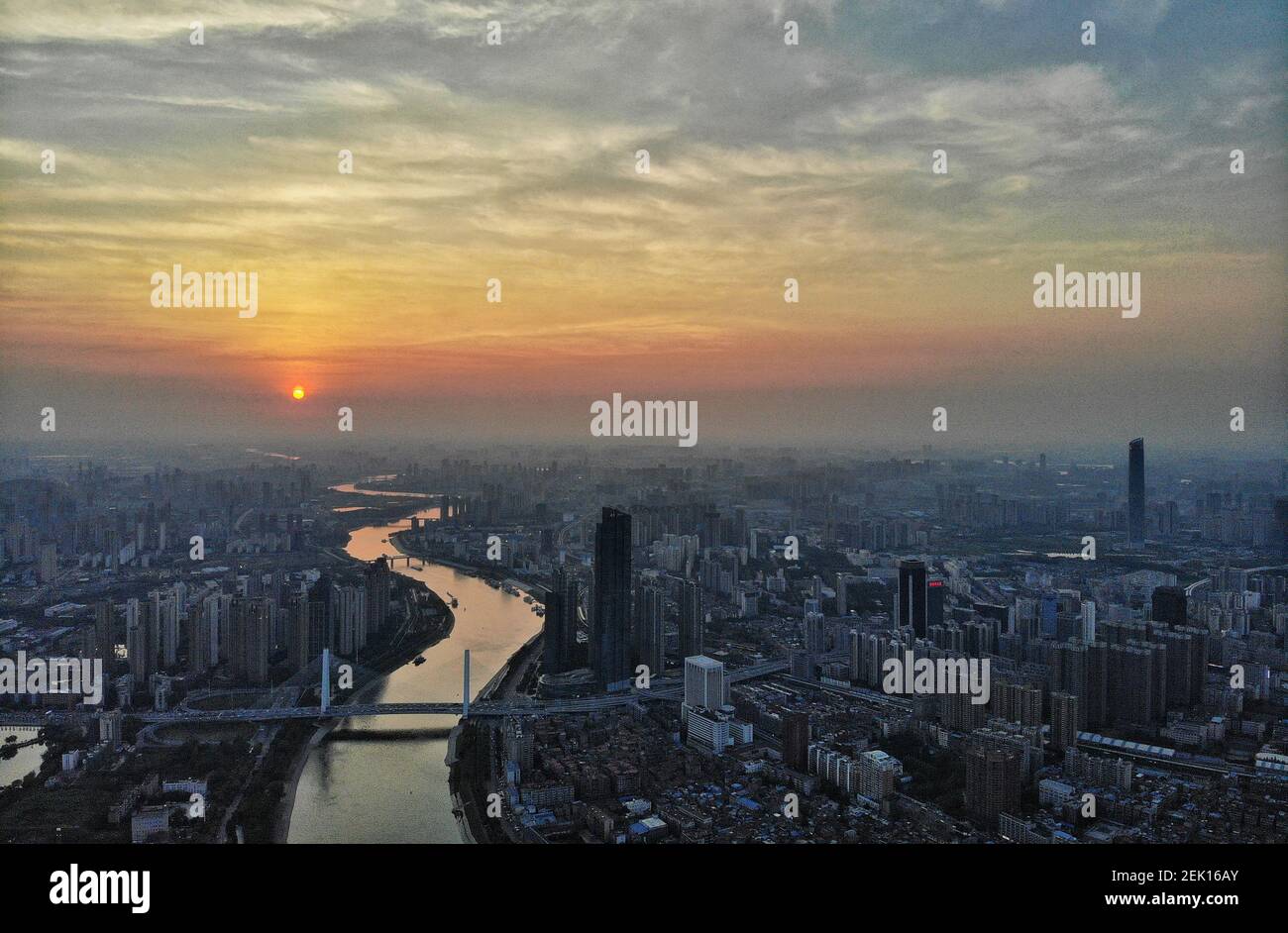 An aerial view of buildings erecting at the downtown area along the ...