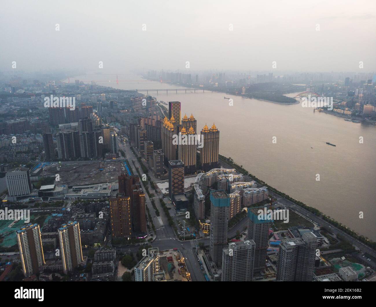 An aerial view of buildings erecting at the downtown area along the ...