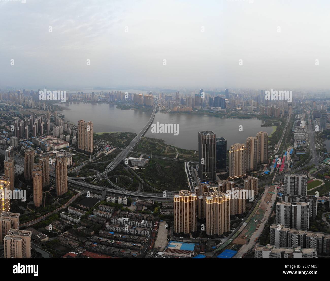 An aerial view of buildings erecting at the downtown area along the ...