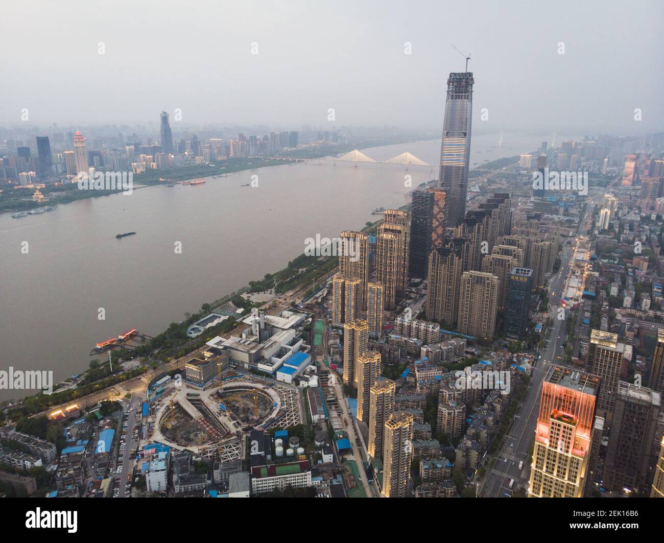 An aerial view of buildings erecting at the downtown area along the ...