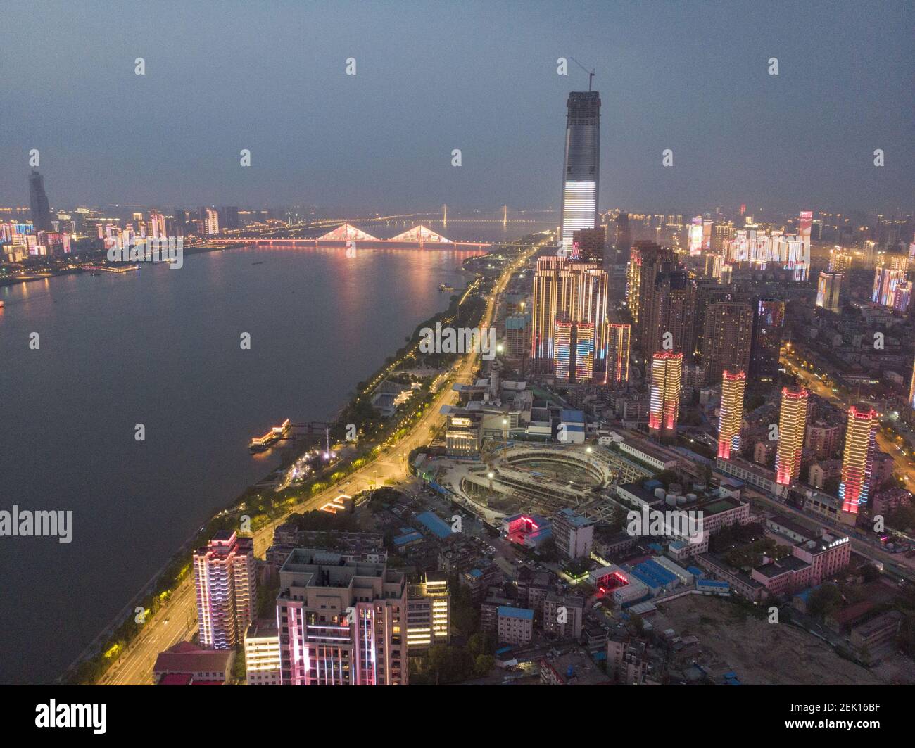An aerial view of buildings erecting at the downtown area along the ...