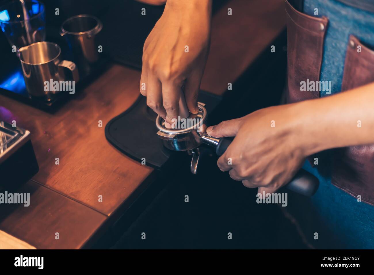 Barista cafe making coffee with coffee machine. Coffee preparation service concept Stock Photo ...