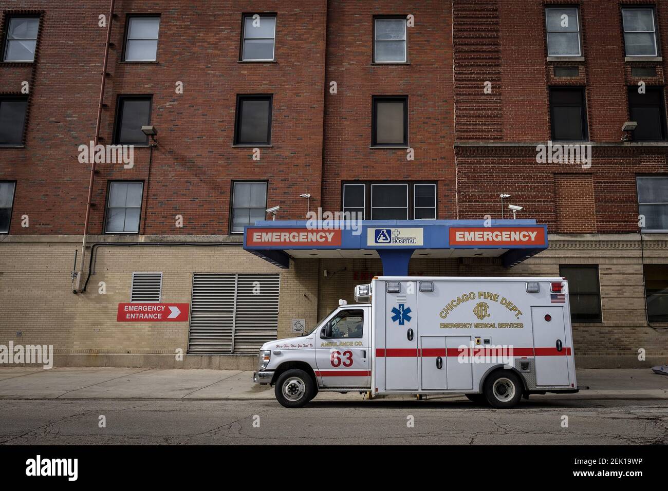 A Chicago Fire Department (CFD) ambulance sits in front of the ...
