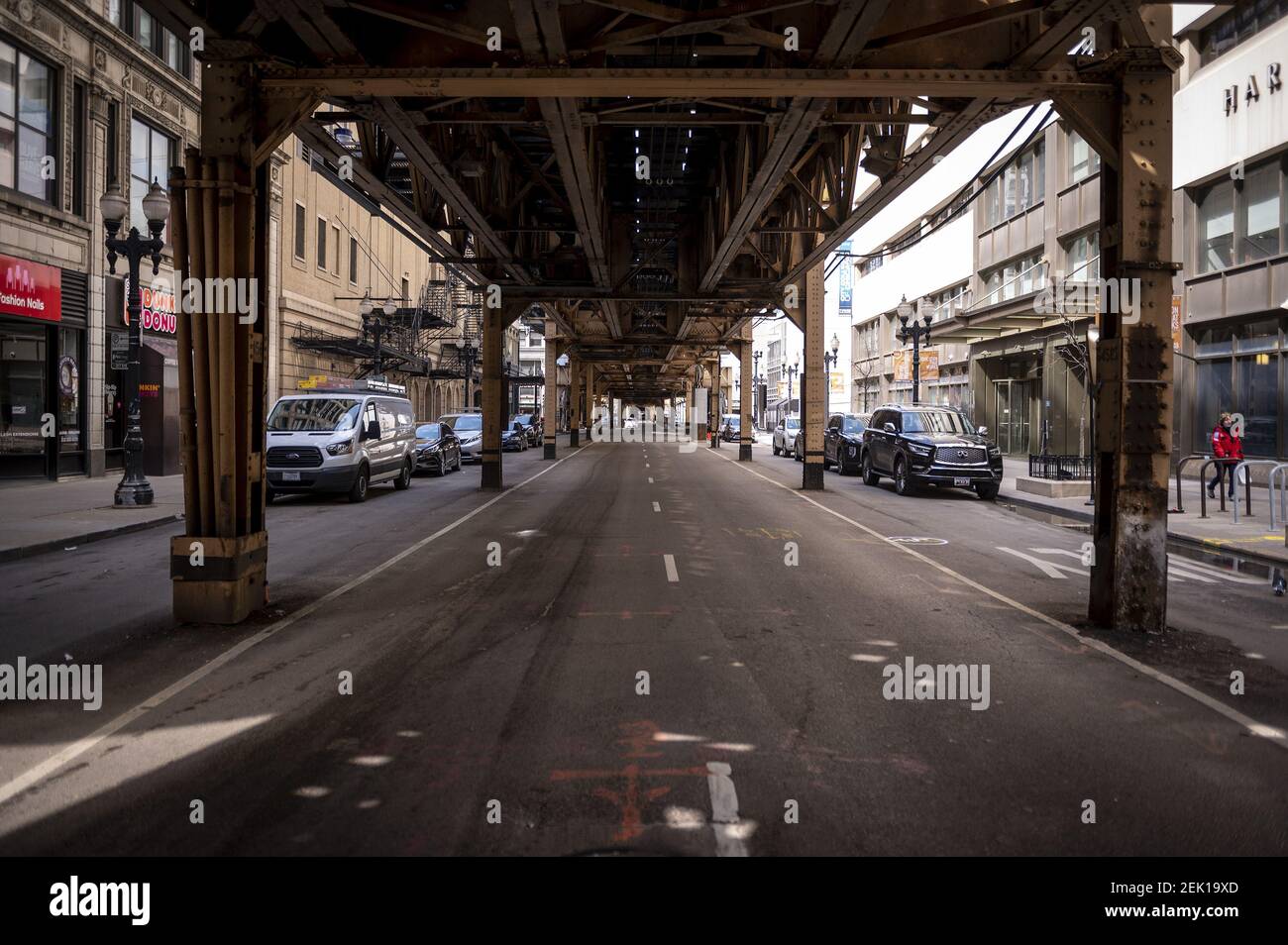 Traffic travels along a near-empty Lake Street in Chicago, Illinois, U ...