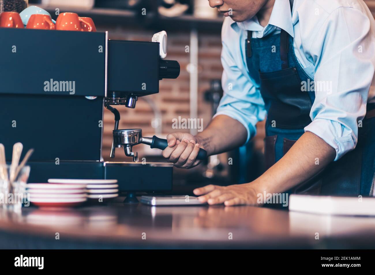 Barista cafe making coffee with coffee machine. Coffee preparation ...