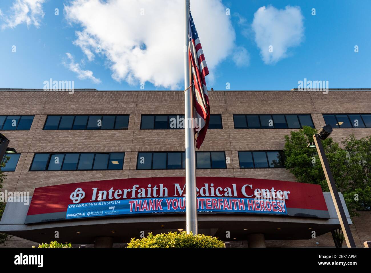 The Interfaith Medical Center in Brooklyn, New York displays a banner ...