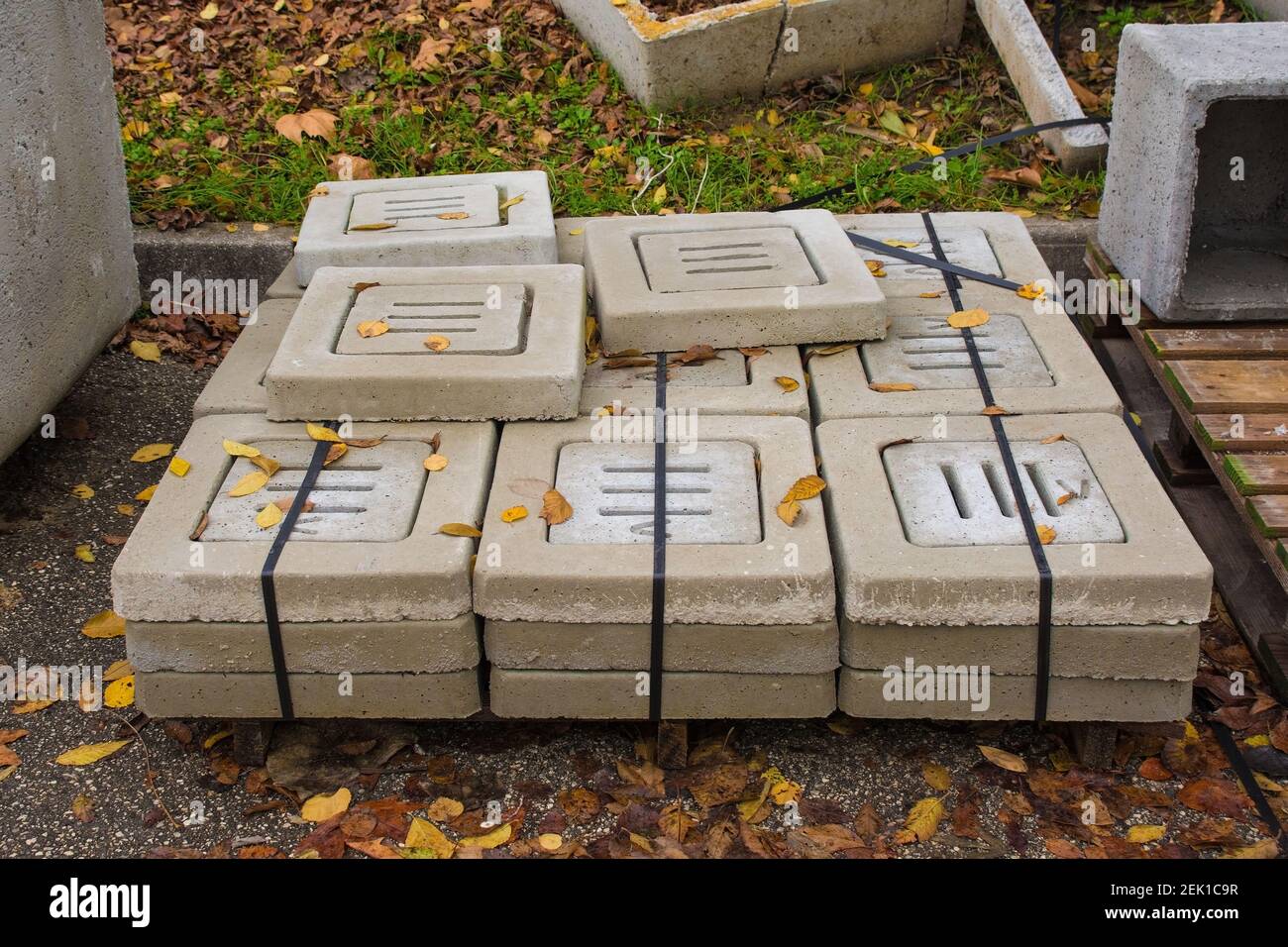 A pallet of lids for reinforced concrete square box culverts on a ...