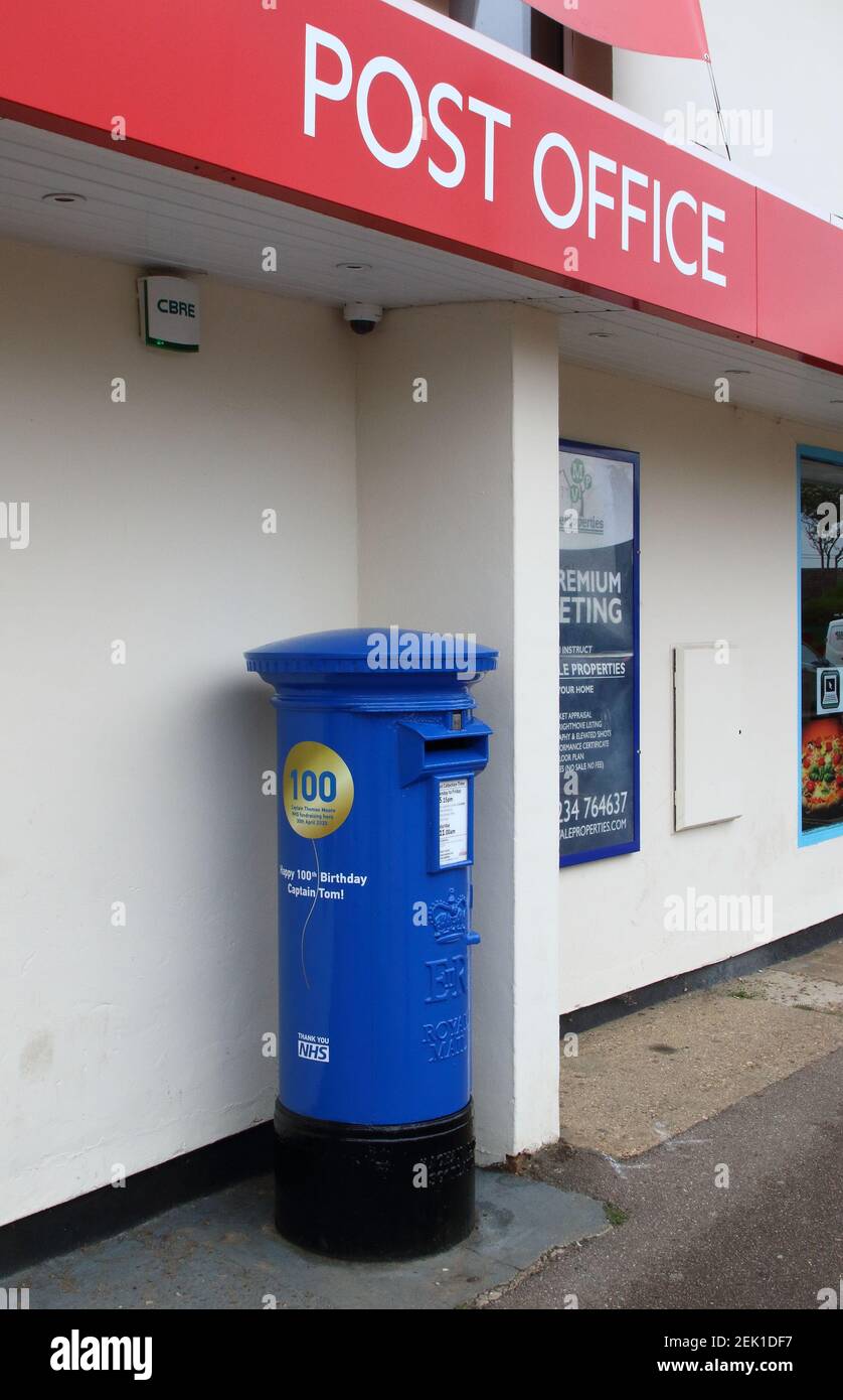 A blue Postbox outside Village Post office in Marson Moretaine. Royal ...