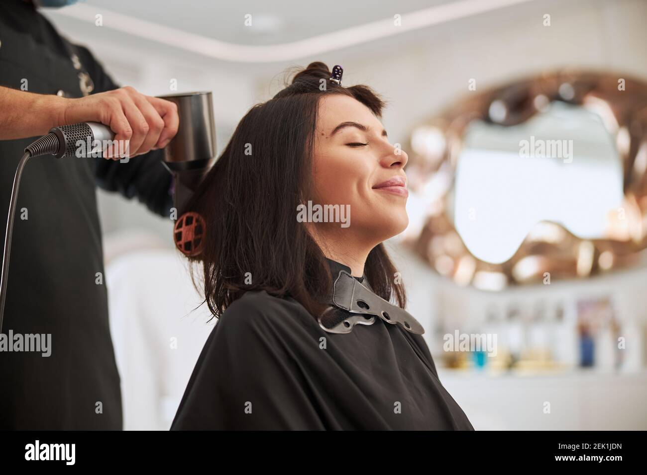 Happy customer having her hair styled by a professional stylist Stock ...