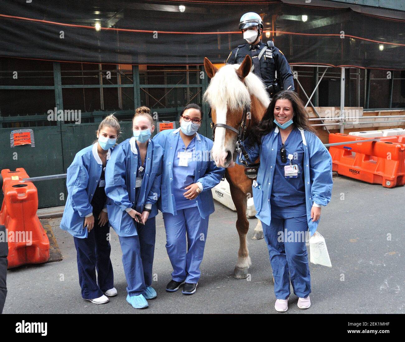 NYPD mounted patrol officer with hospital staff outside Lenox Hill ...