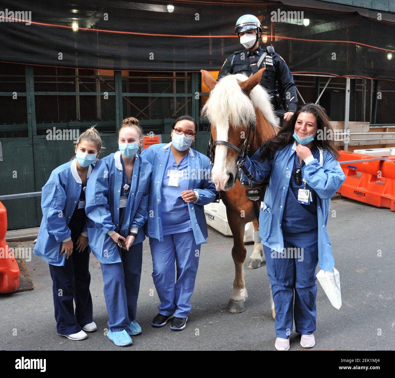 NYPD mounted patrol officer with hospital staff outside Lenox Hill ...