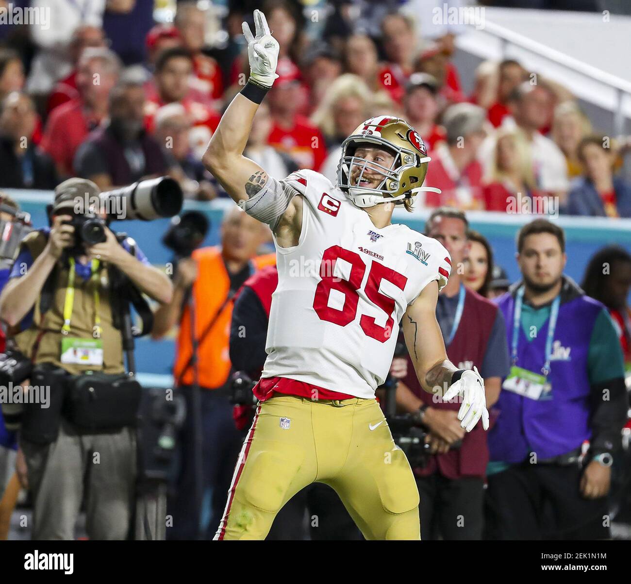 San Francisco 49ers tight end George Kittle (85) reacts after catching ...