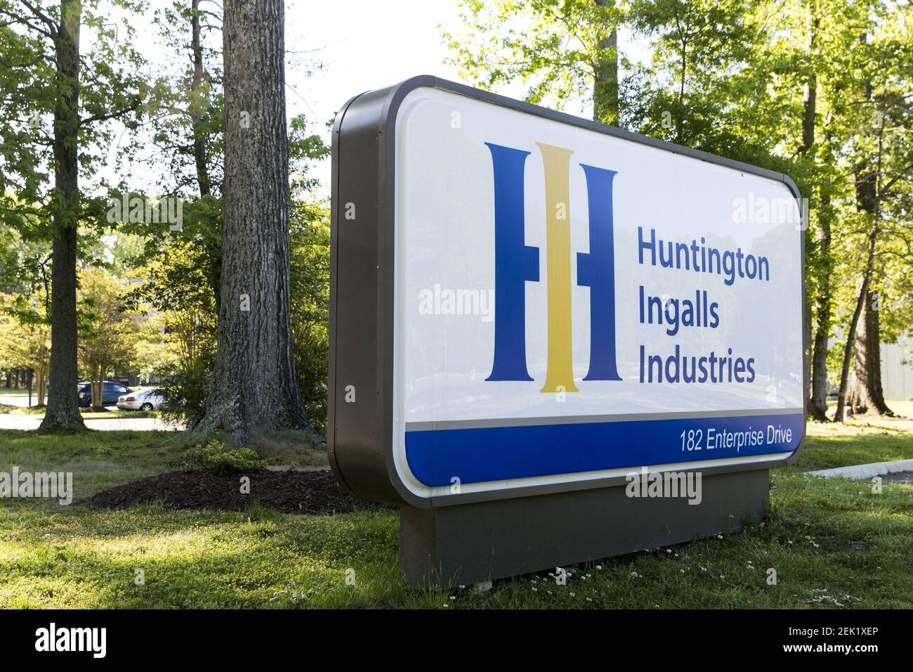 A logo sign outside of a facility occupied by Huntington Ingalls ...