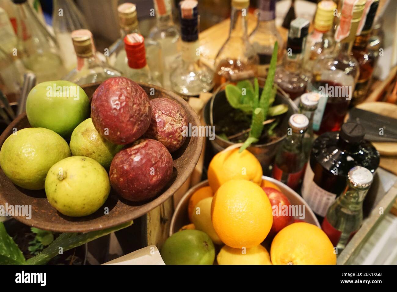 Colorful citrus fruits prepared for cocktail and alcohol beverage drink ...