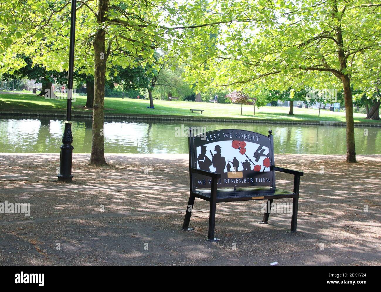Lest We Forget memorial bench by the river during the commemoration ...