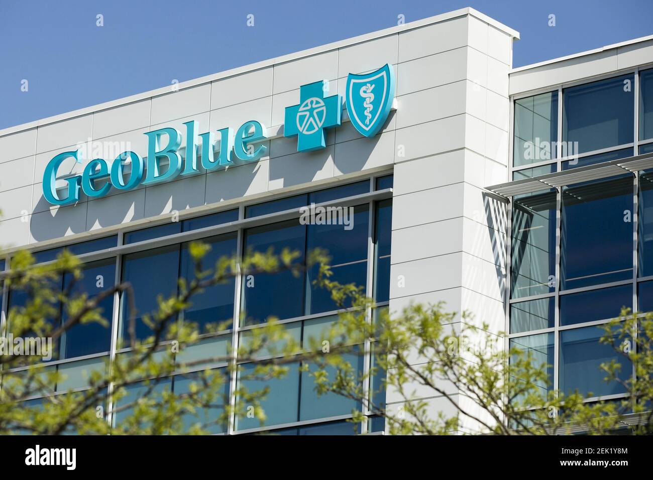 A logo sign outside of the headquarters of GeoBlue in King of Prussia ...