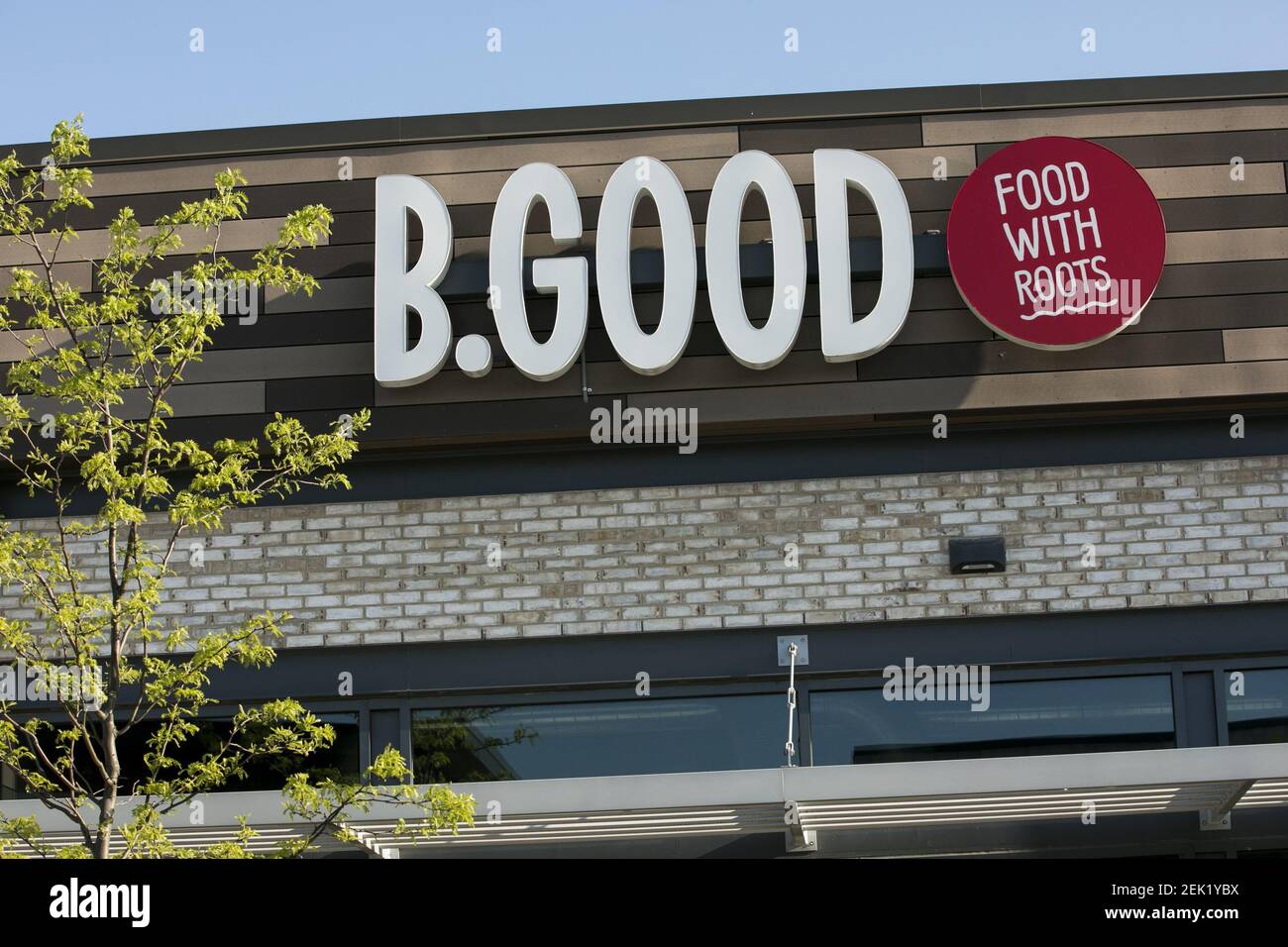 A logo sign outside of a B.GOOD restaurant location in King of Prussia ...